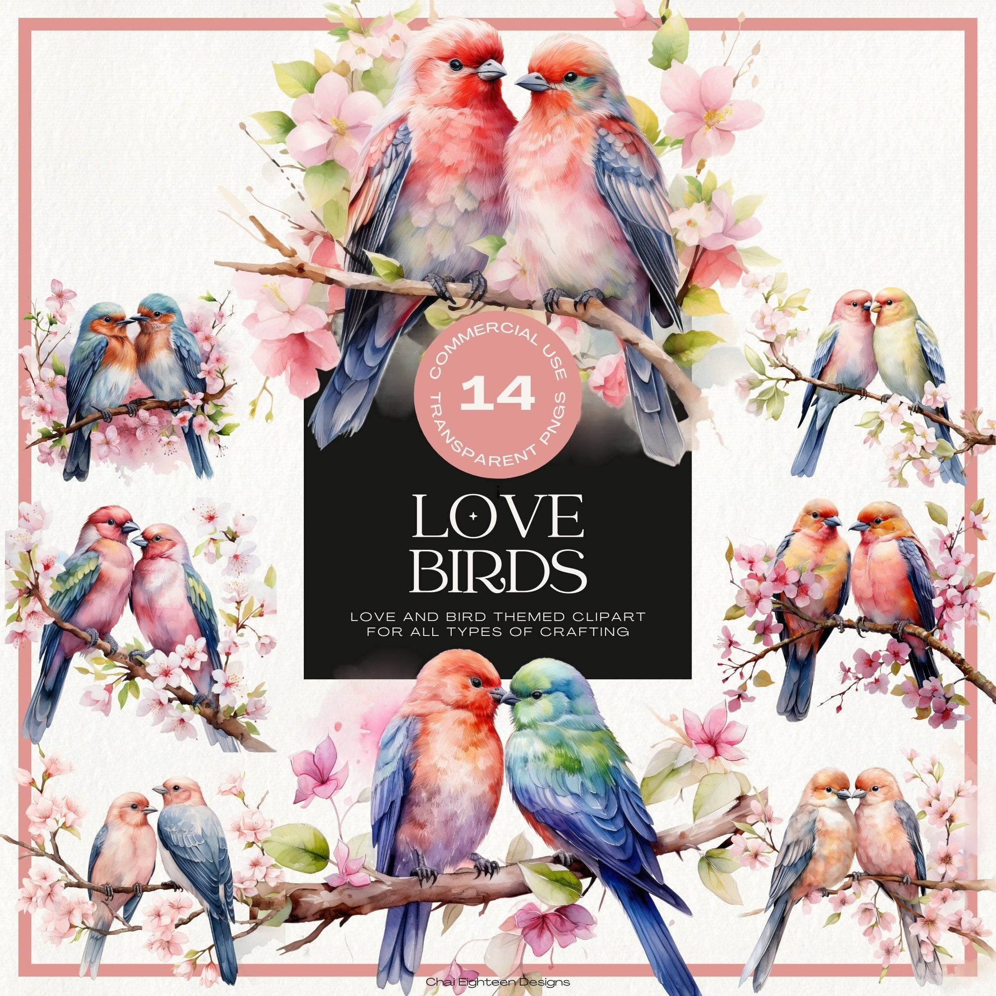 Love Birds Clip Art PNG Romantic Love Birds With Floral Decorations ...