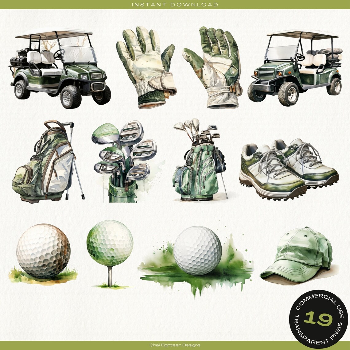 Watercolor Golf Clipart, Golf Cart PNG, Golf Club Clip Art, Golf ...