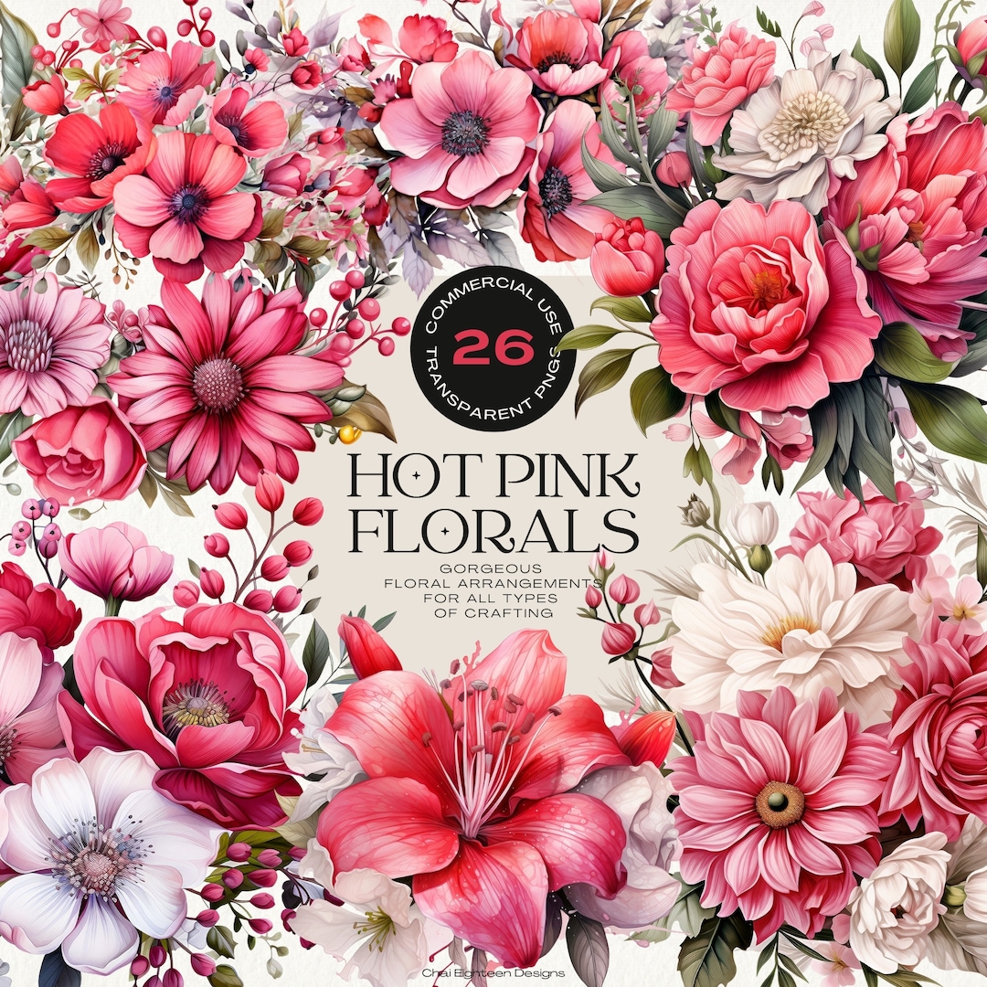 Hot Pink Floral Clipart Set, Bright Pink Flower PNG, Vibrant Blooms ...