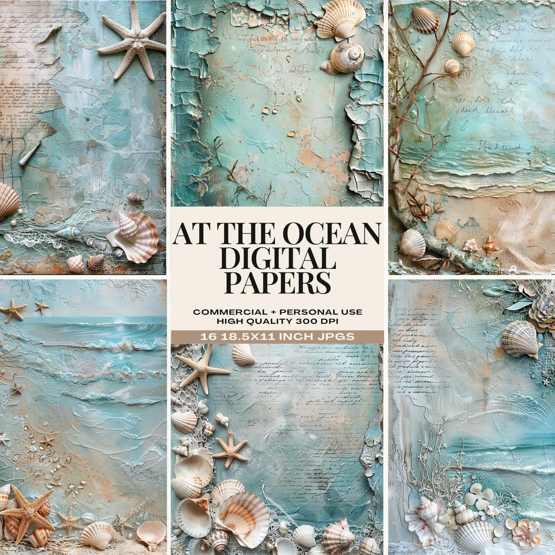 Vintage Ocean Digital Paper Pack, Beach and Seashell Background ...
