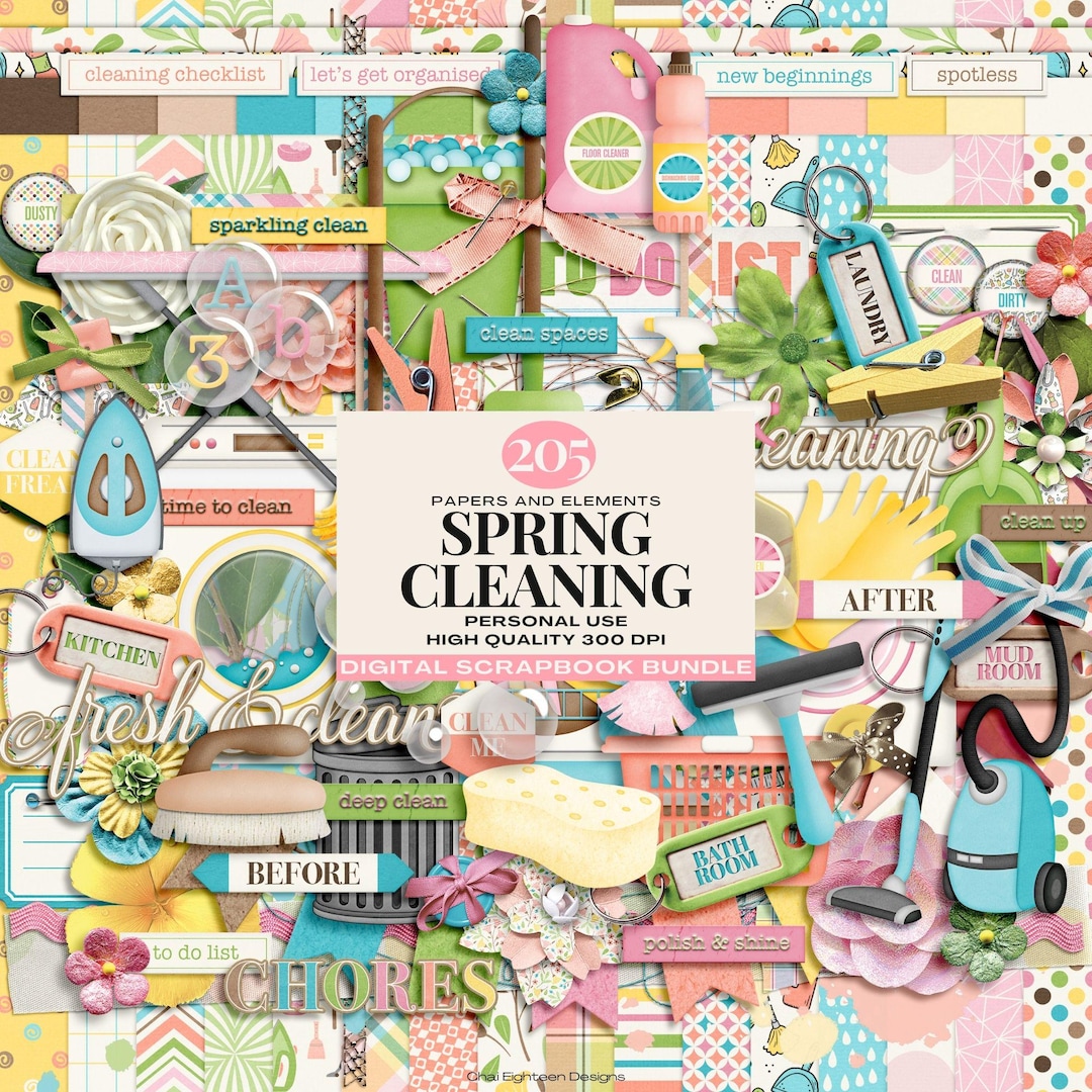 Pastel Spring Cleaning Digital Scrapbook Bundle, Laundry & Housekeeping ...