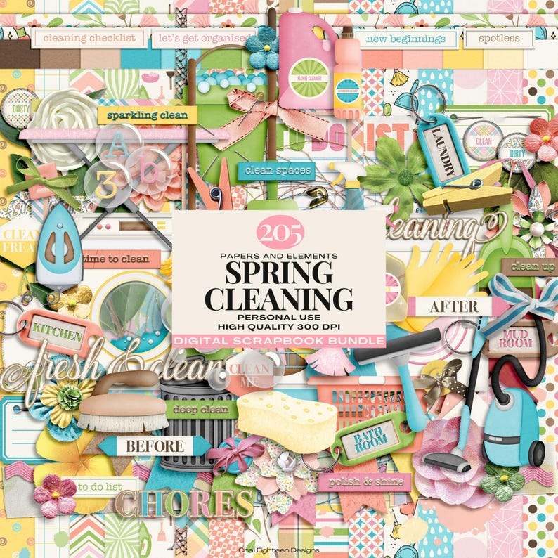 Pastel Spring Cleaning Digital Scrapbook Bundle, Laundry & Housekeeping ...