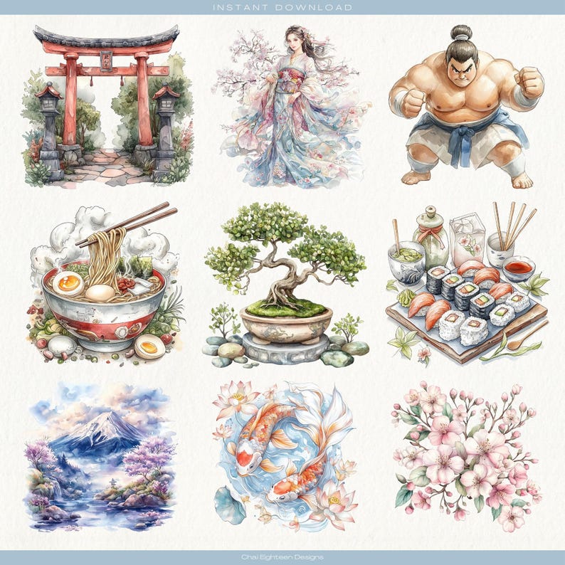 Japanese Culture Clipart PNG, Sushi Sumo Kimono Graphics, Cherry ...