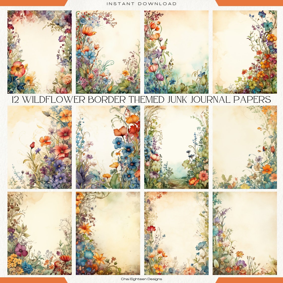 Watercolor Wildflower Junk Journal Borders, Wildflowers Paper Kit ...