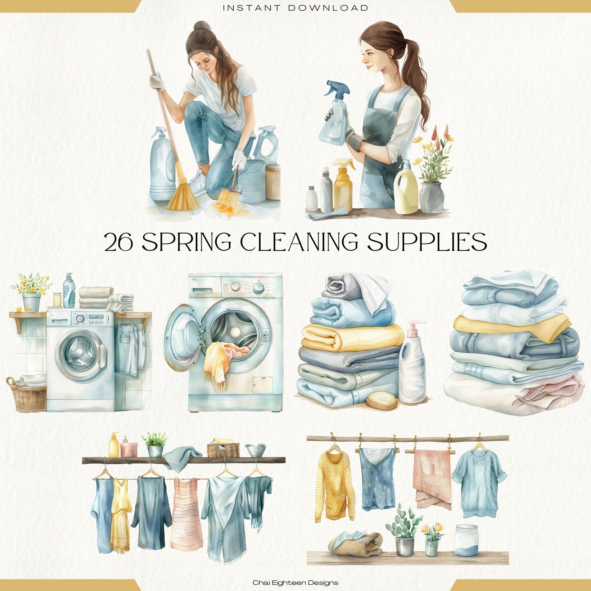 Spring Clean Clipart, Watercolor Housekeeping Clip Art, Cleaning ...