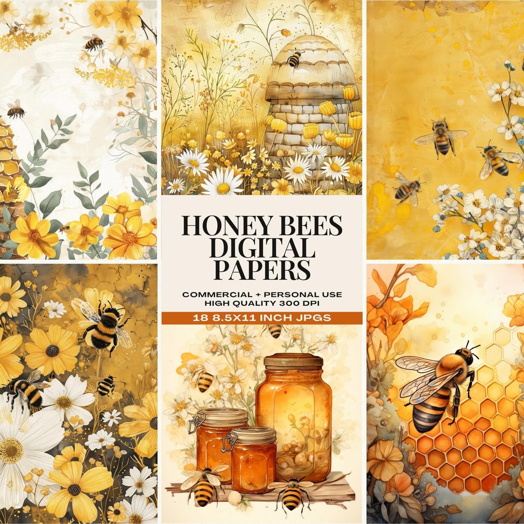 Honey Bees Junk Journal Pages, Bee Digital Scrapbook Paper, Honeycomb ...