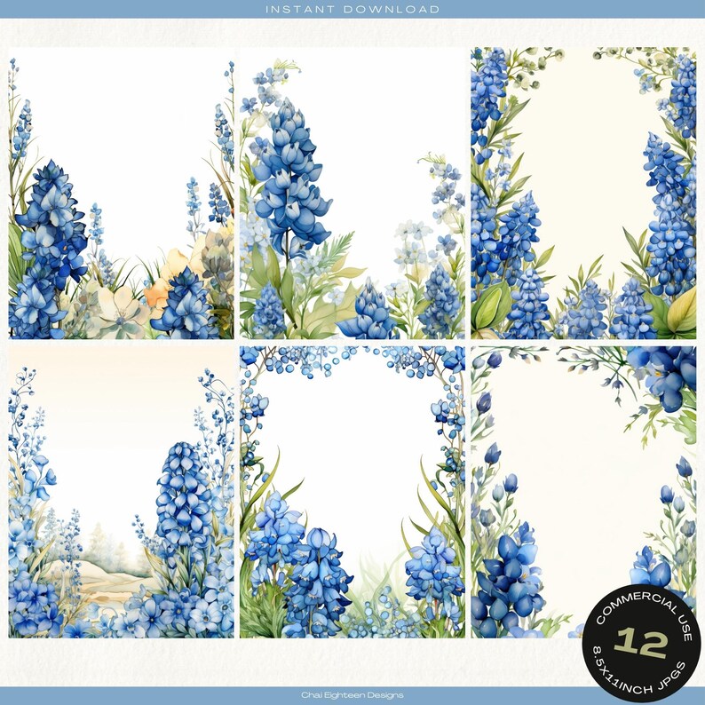 Bluebonnets Digital Scrapbook Papers Notepaper Designs Blue Bonnet ...