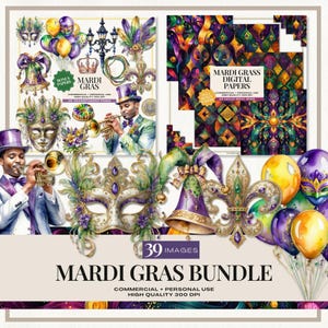 Mardi Gras Clipart and Paper Bundle, Festive Mask Clipart, New Orleans ...
