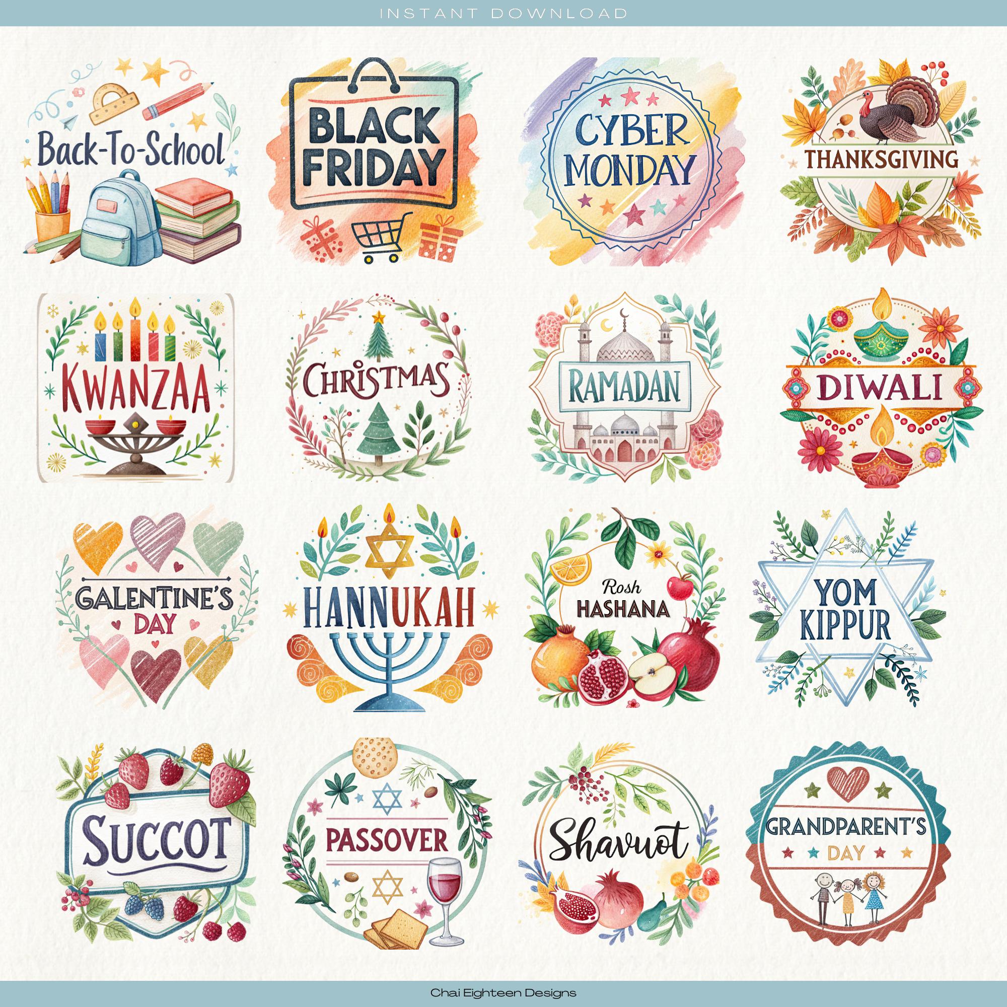 Calendar Icons Clipart, Printable Planner Graphics Set, Holiday Png ...