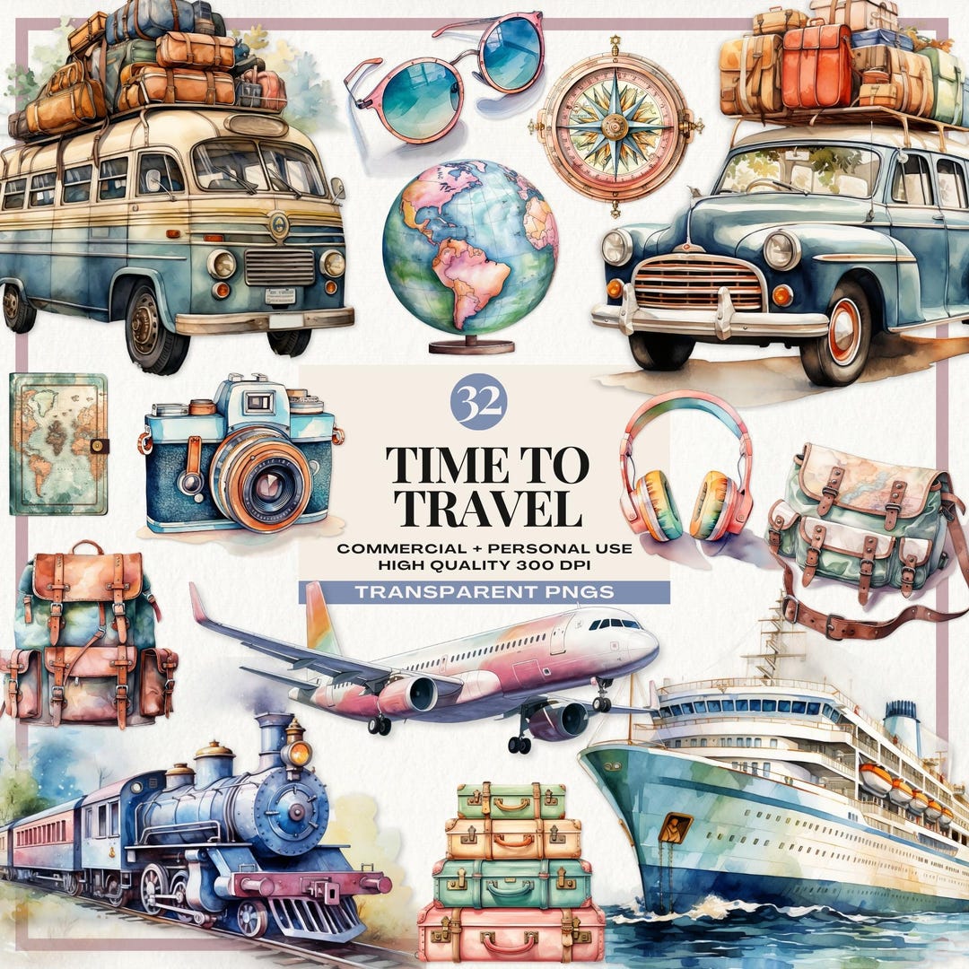 Watercolor Travel Clipart, Vacation Globe Clip Art, Summer Vacation ...