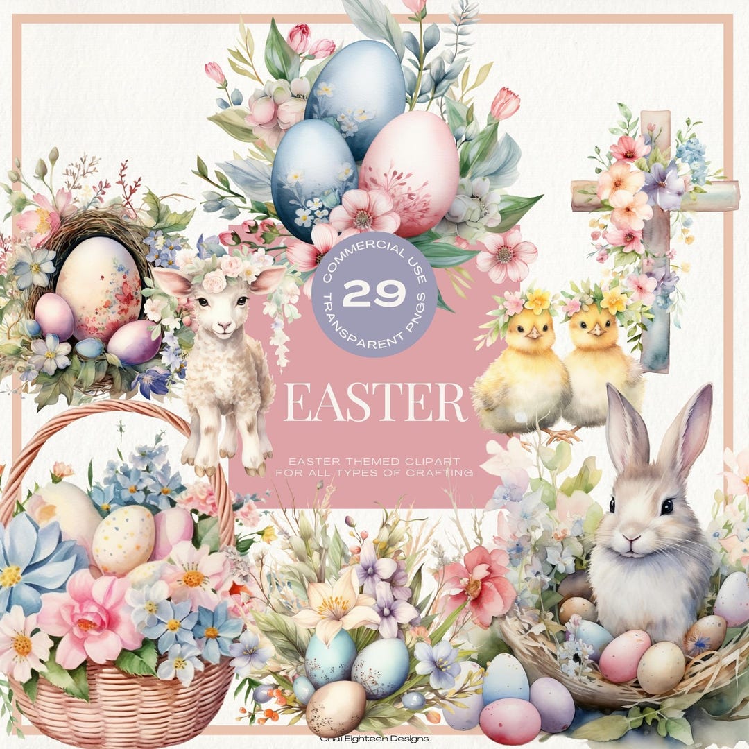 Easter Watercolor Clip Art, Lambs, Bunny, Rabbit, Bonnet, Cross, Easter ...