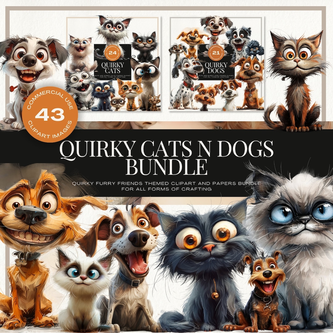 Quirky Cat and Dog Clipart Bundle, Whimsical Cats and Dogs Clip Art ...