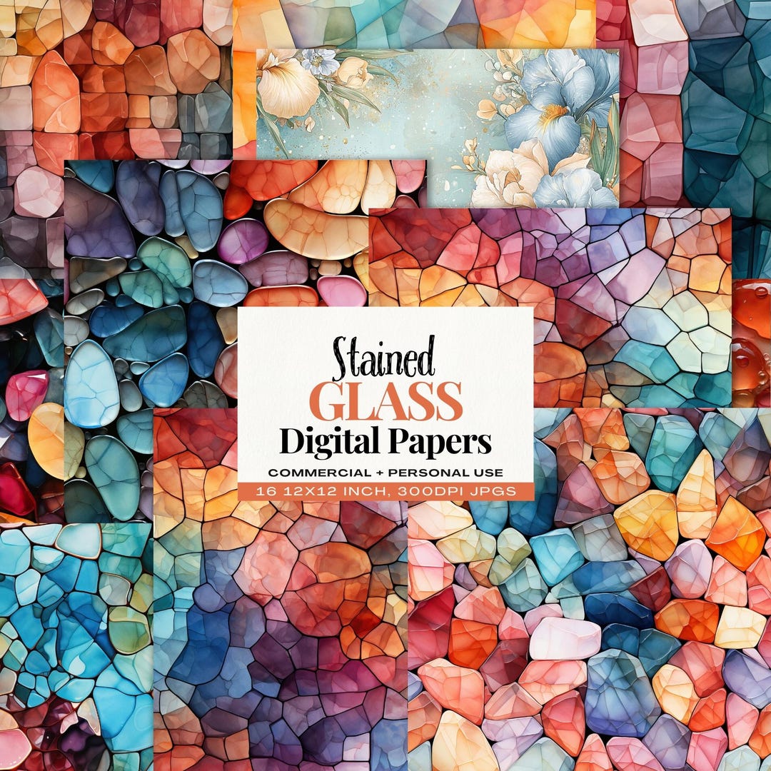 Stained Glass Digital Papers: 16 Colorful Mosaic Backgrounds, 12x12 ...