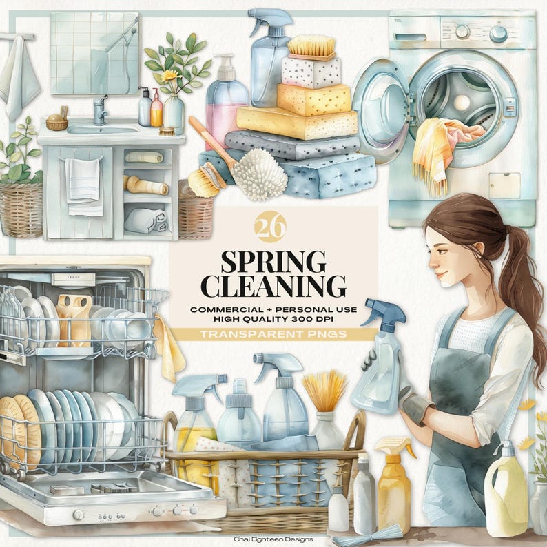 Spring Clean Clipart, Watercolor Housekeeping Clip Art, Cleaning ...