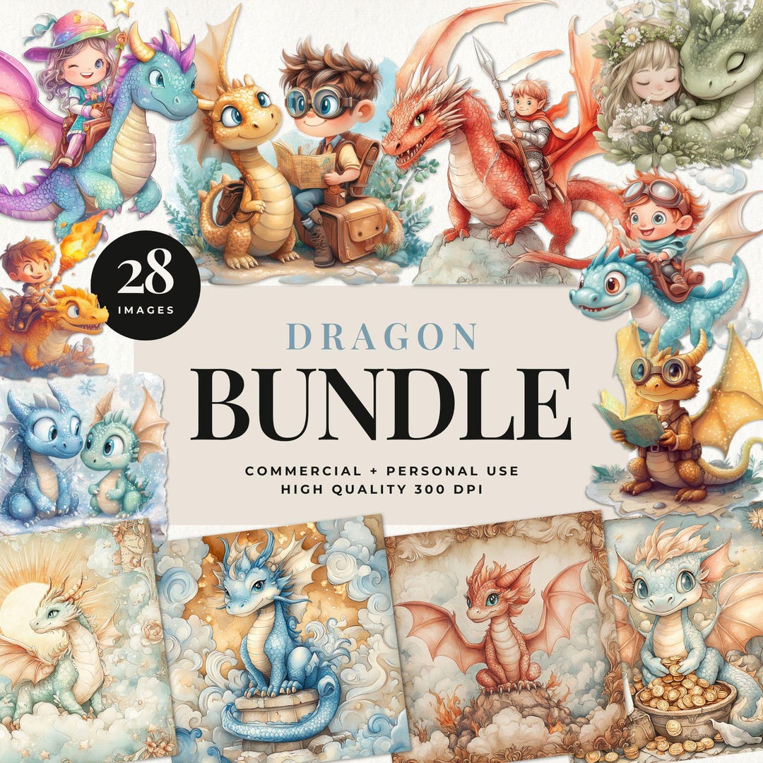 Dragon Clipart & Digital Paper Bundle, Cute Dragons, Fantasy Digital ...