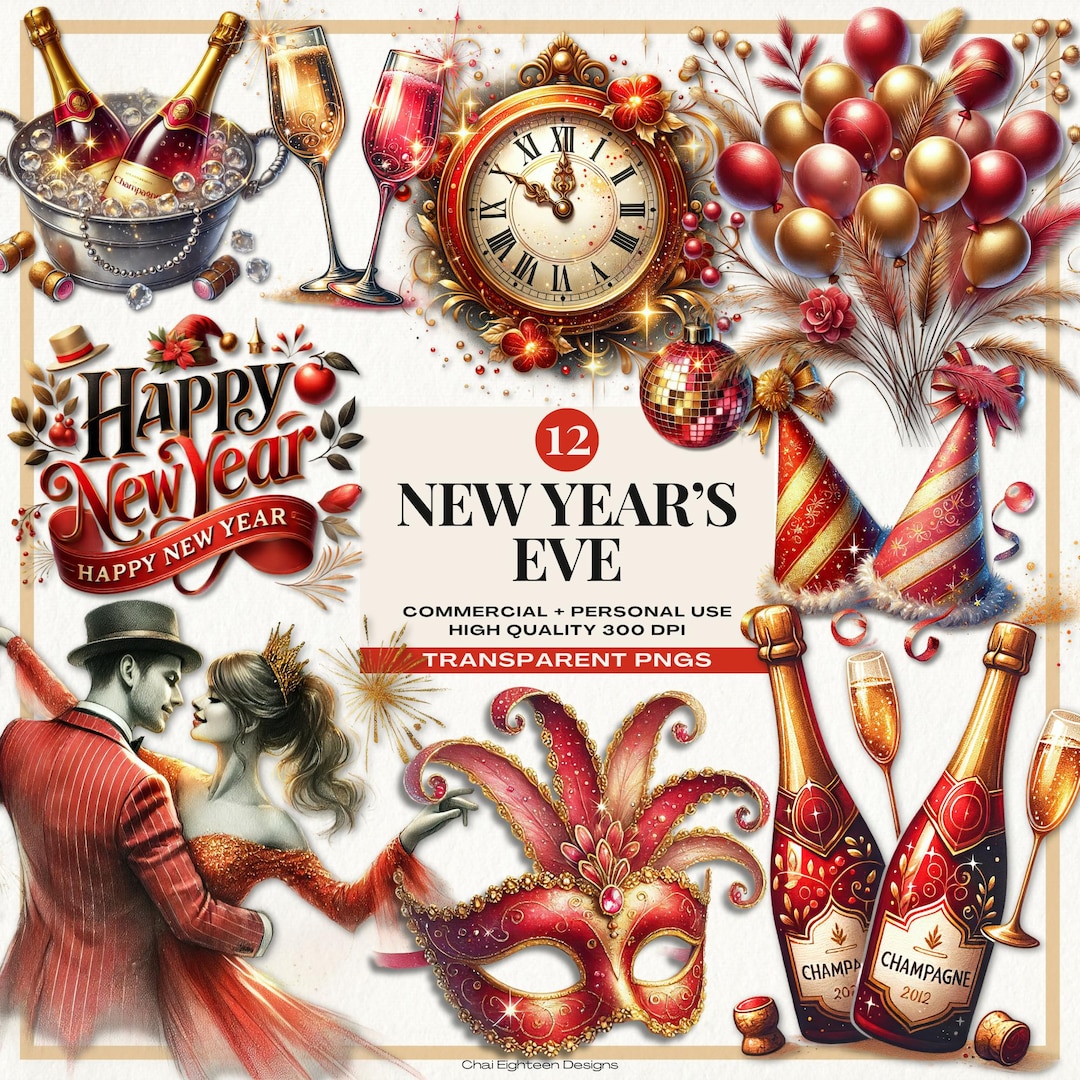 Happy New Year Clipart Red and Gold 2025, Champagne PNG, Watercolor New ...