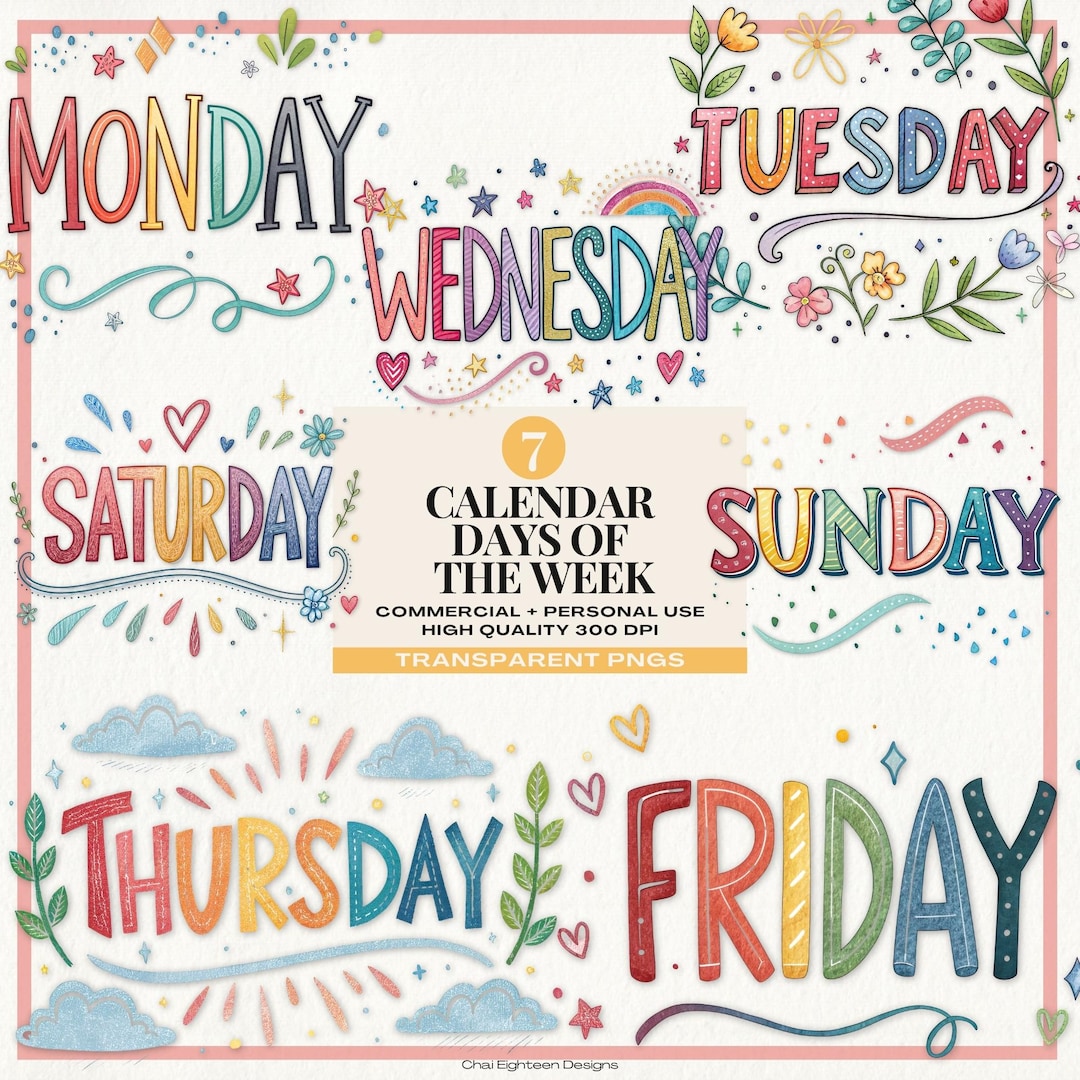 Days of the Week Printable Clipart, Daily Functional Planner Stickers ...