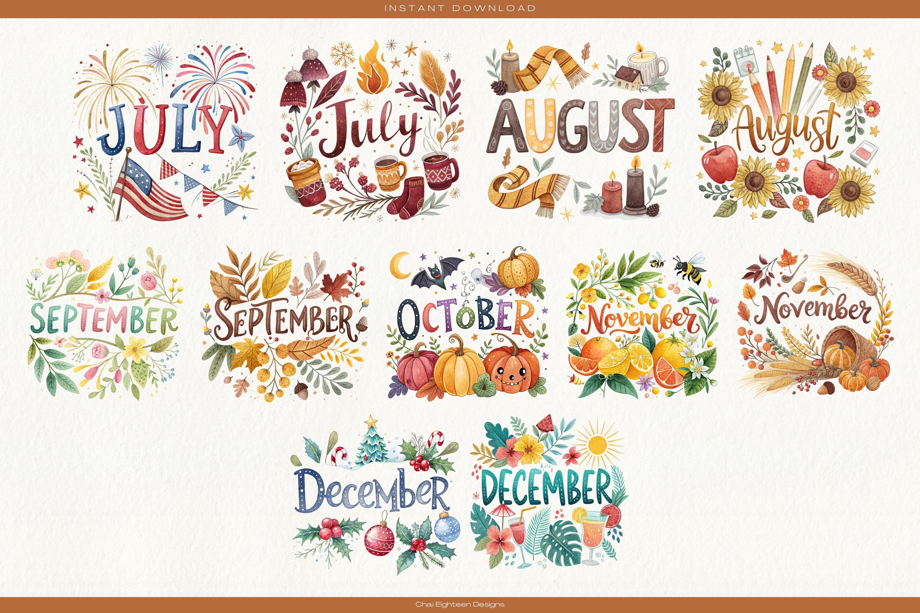 Months of the Year Clipart, Whimsical Seasonal Calendar Png, Digital ...