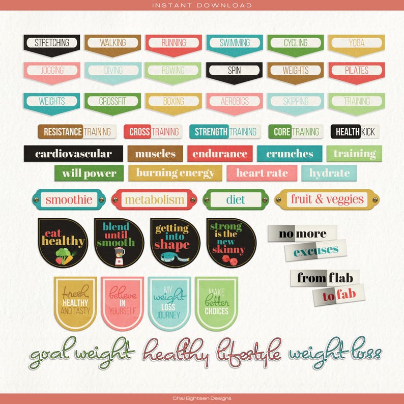 Workout Digital Scrapbook Bundle, 270 Papers & Elements for Fitness ...