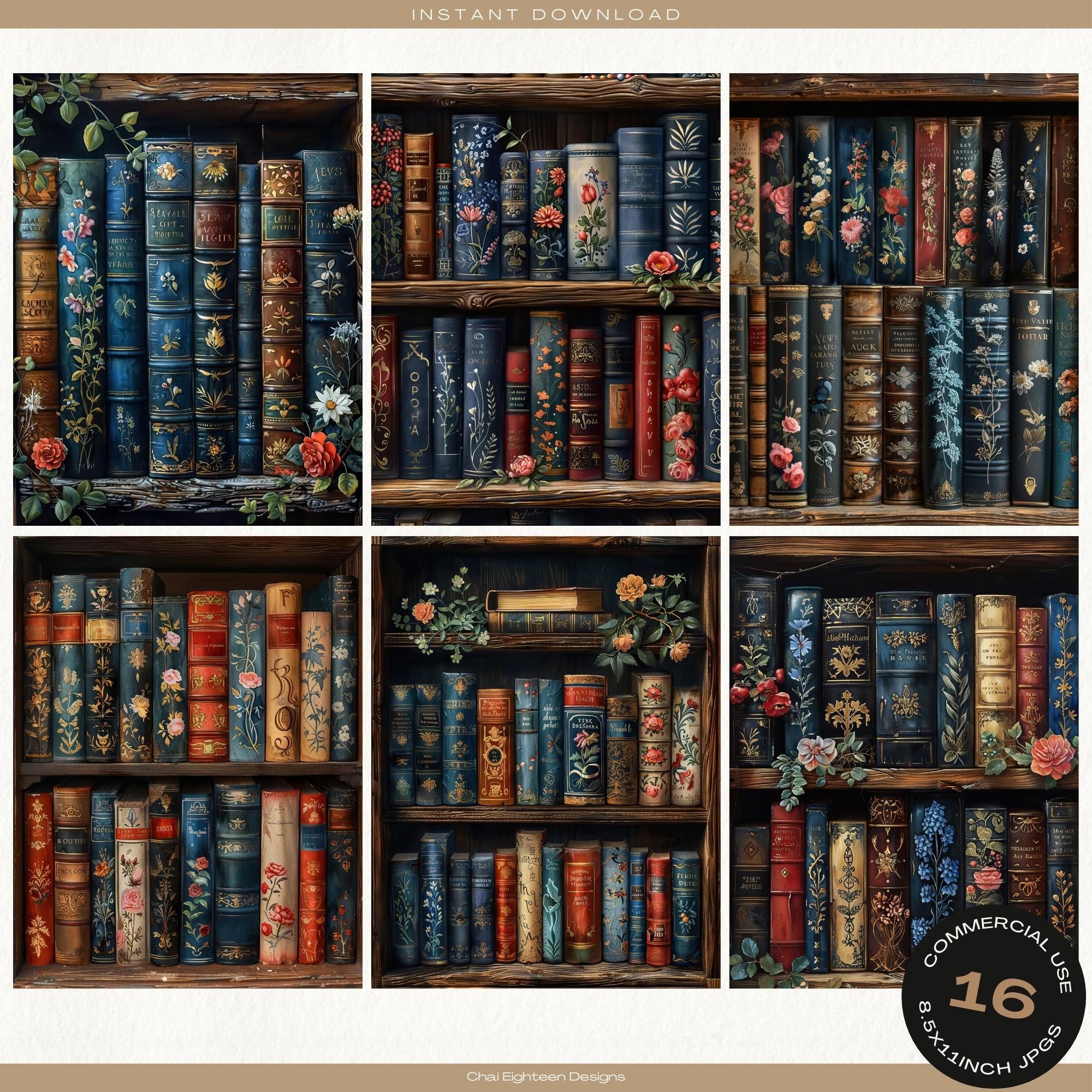 Watercolor Book Border Bundle JPG Set, Bookshelf Digital Papers With ...
