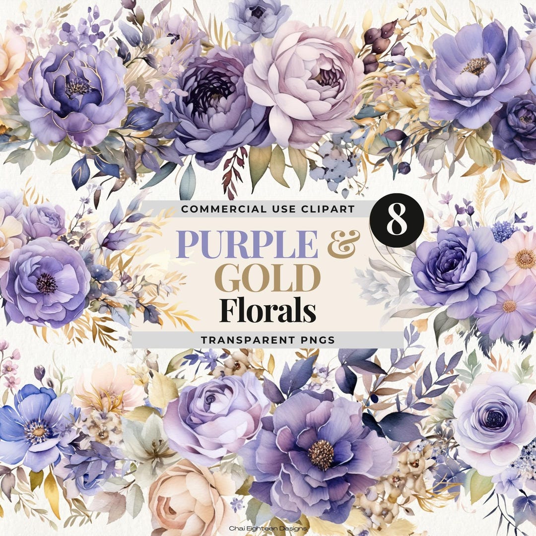 Purple Gold Floral Watercolour Clipart, Commercial Use, Transparent ...