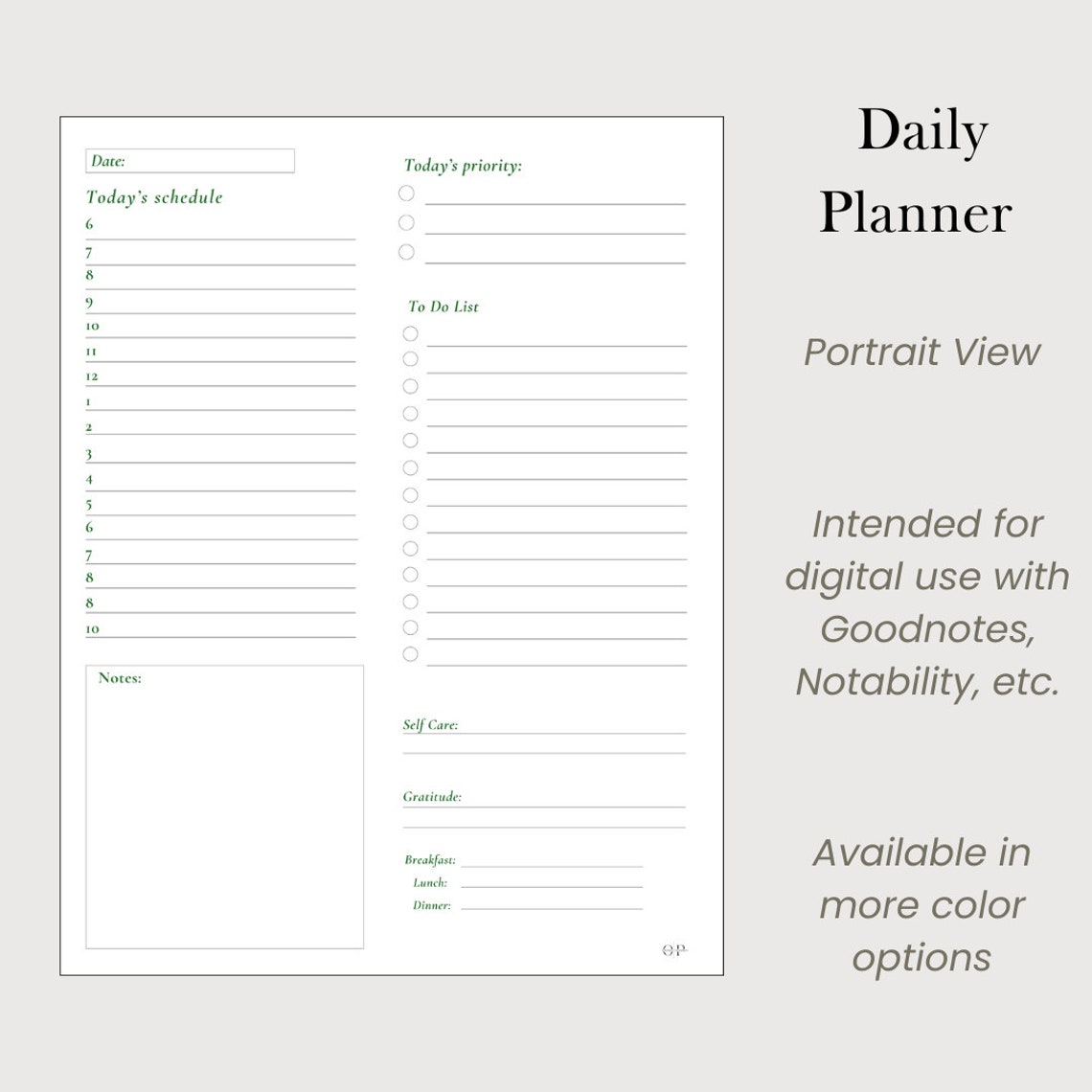 Daily Digital Planner | Hourly Layout | Portrait View | White and Green ...