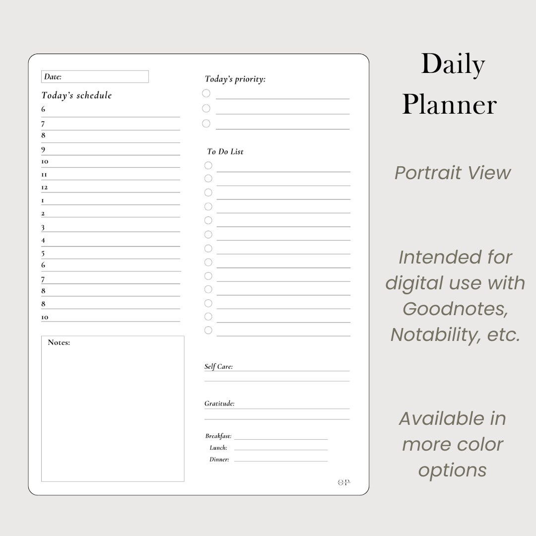 Minimalist Daily Planner Template | Hourly | Portrait | Black and White ...