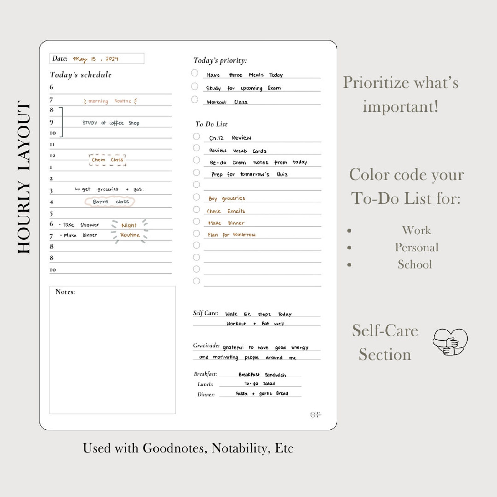 Minimalist Daily Planner Template | Hourly | Portrait | Black and White ...