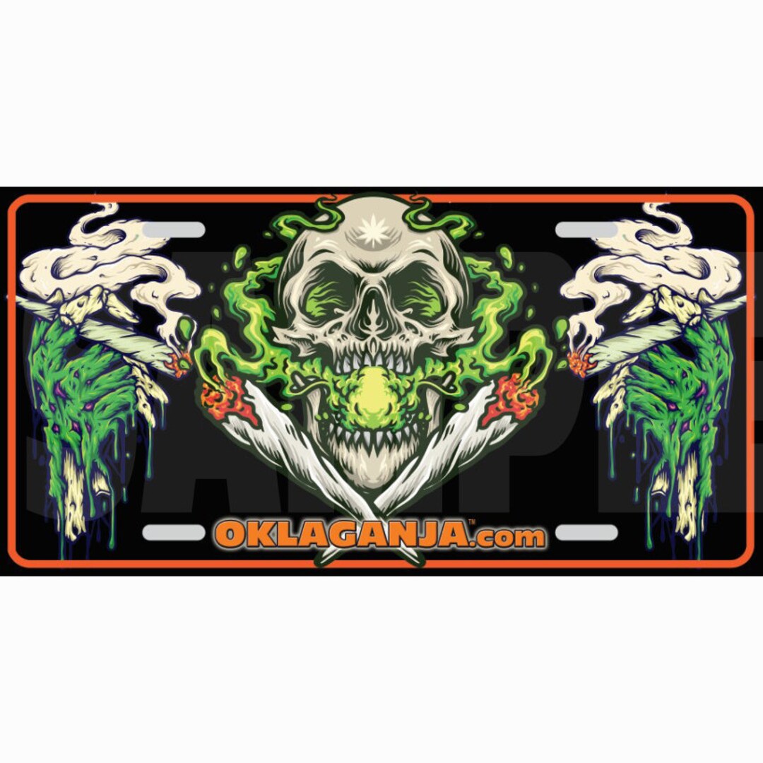 Weed Front Vanity License Plate Skull ZOMBIE HANDS With Cannabis Joint ...