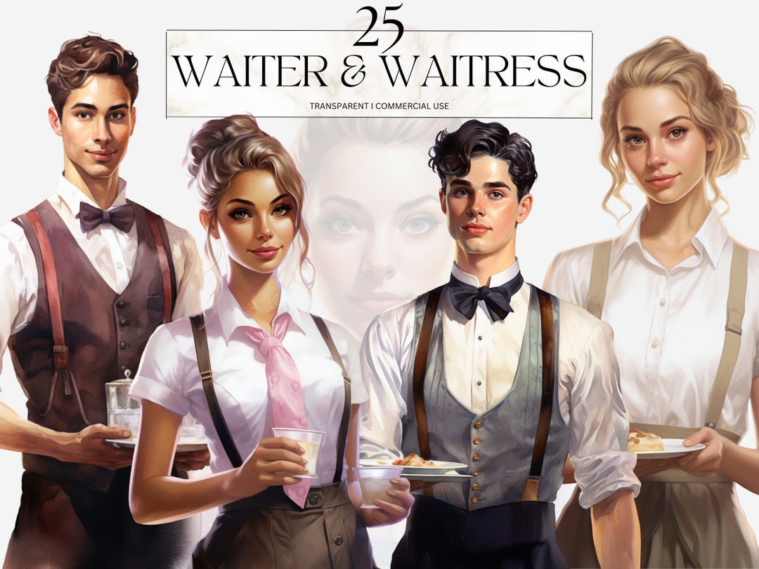 Watercolor Waiter & Waitress Clipart, Printable Restaurant Bistro Png ...
