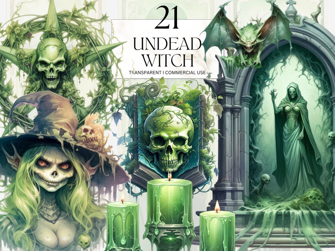 Watercolor Undead Witch Clipart Printable Gothic Zombie Green Witchy ...