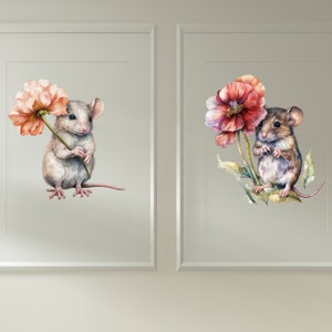Watercolor Mouse With Flower Clipart Printable Floral Mice - Etsy