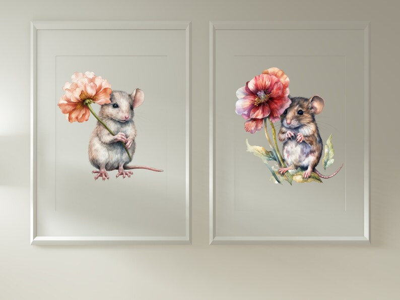Watercolor Mouse With Flower Clipart Printable Floral Mice - Etsy
