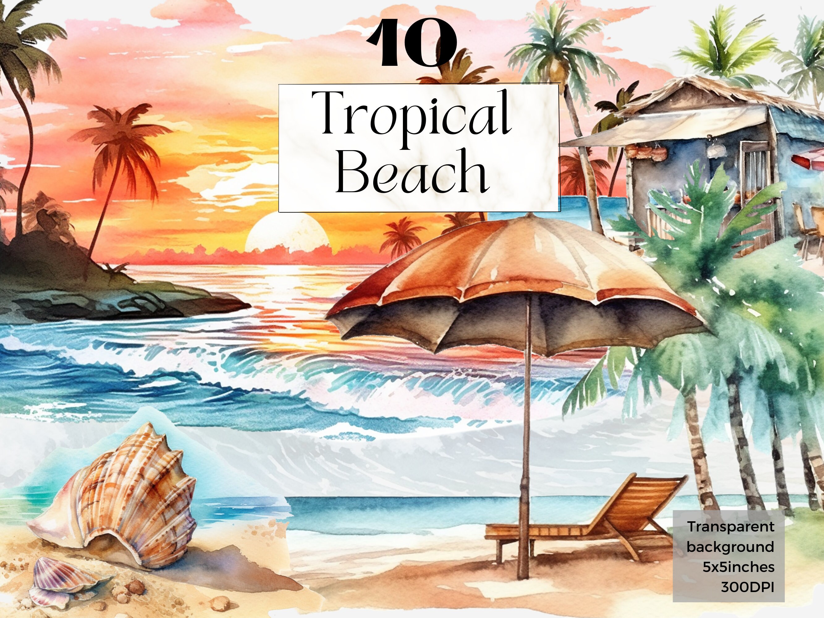 Watercolor Tropical Beach Clipart Printable Beach Png - Etsy