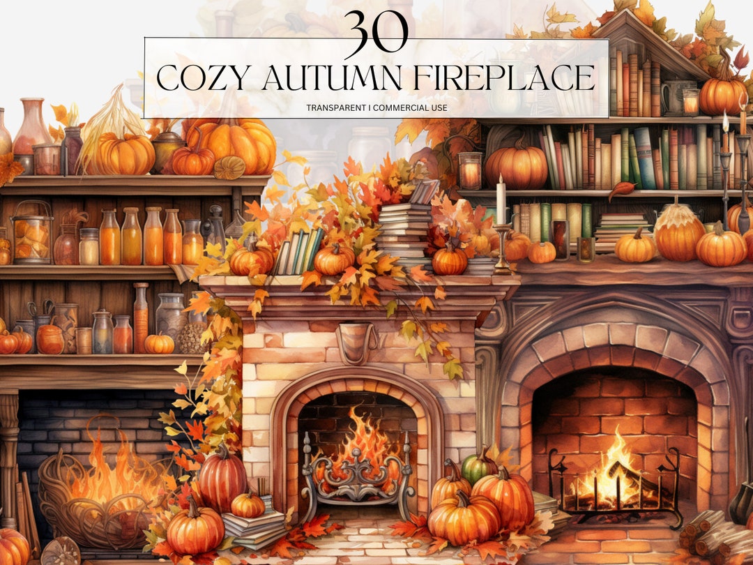 Watercolor Cozy Autumn Fireplace Clipart, Printable Botanical Chimney ...