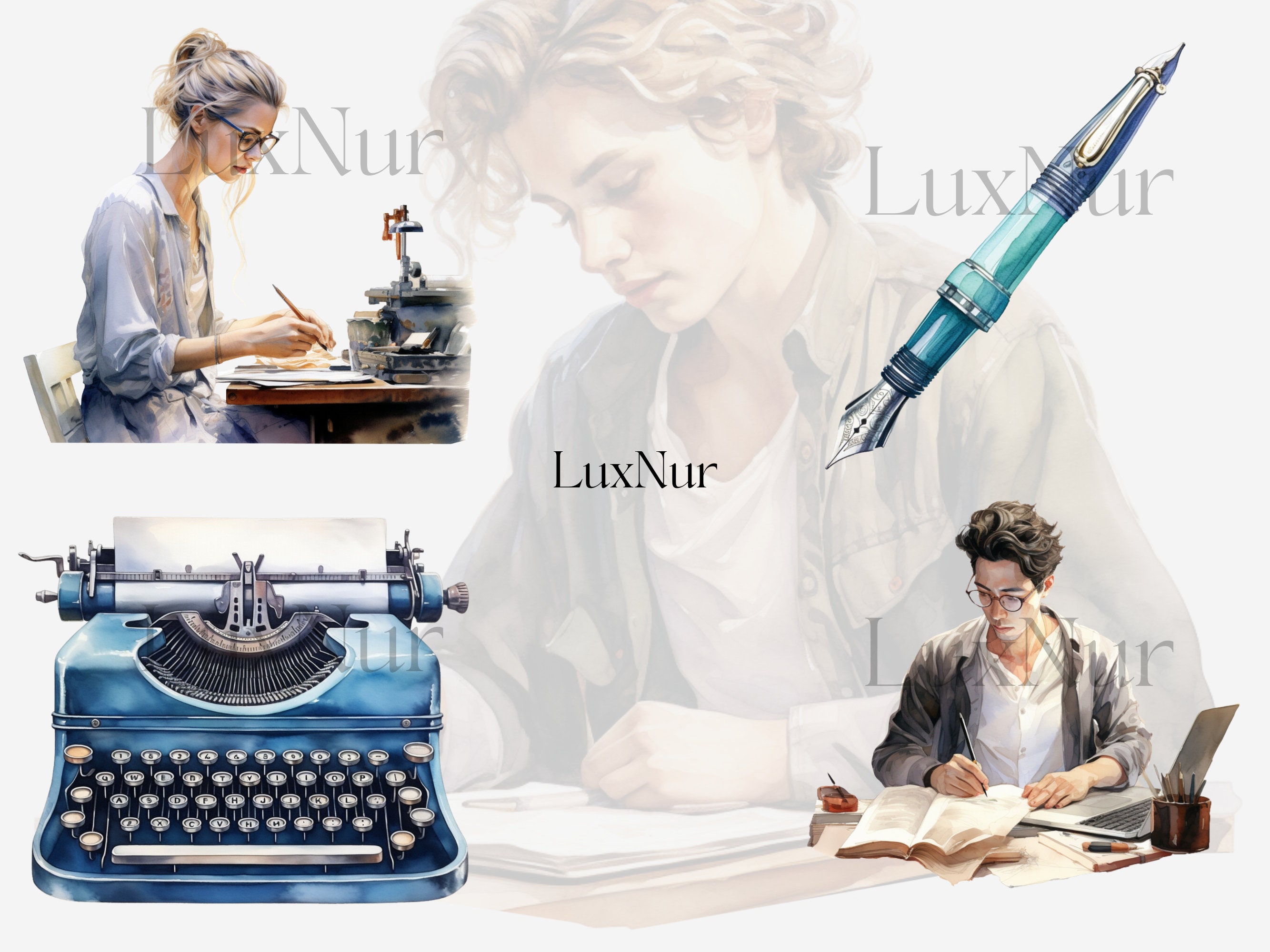 Watercolor Writer Clipart Printable Novelist Professional - Etsy