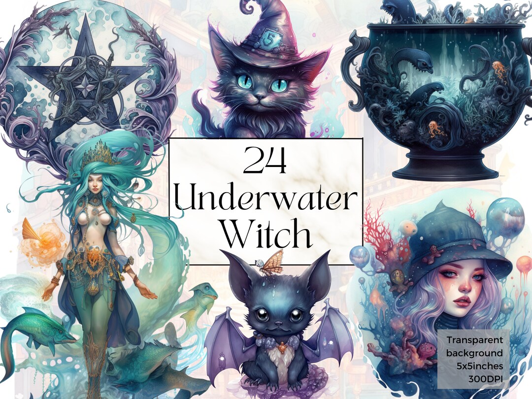 Watercolor Underwater Witch Png Clipart, Printable Deep Sea Dark ...