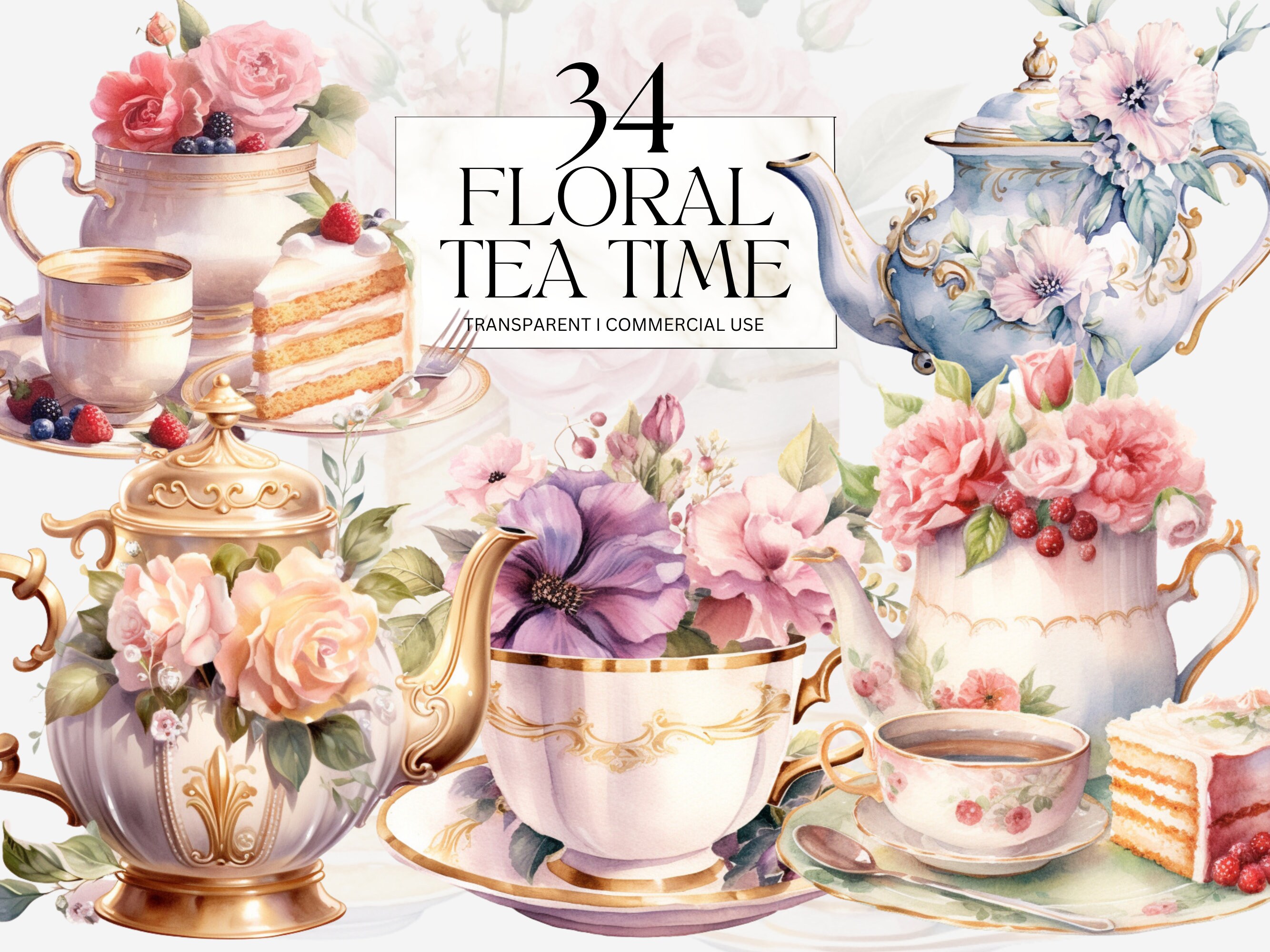 Watercolor Floral Tea Time Clipart Printable Vintage Tea Party - Etsy