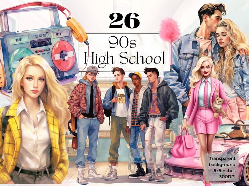 Watercolor 90s High School Clipart Png Printable 90s - Etsy