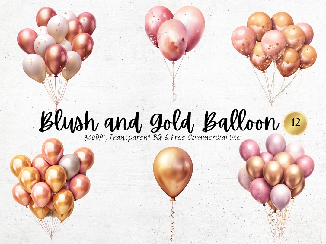 Watercolor Blush and Gold Balloon Clipart, Printable Kawaii Birthday ...
