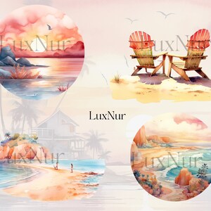 Watercolor Beach Views Clipart, Printable Tropical Ocean Horizon Png ...
