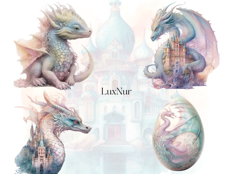 Pastel Dragon Clipart Png Watercolor Floral Dragon Fantasy - Etsy