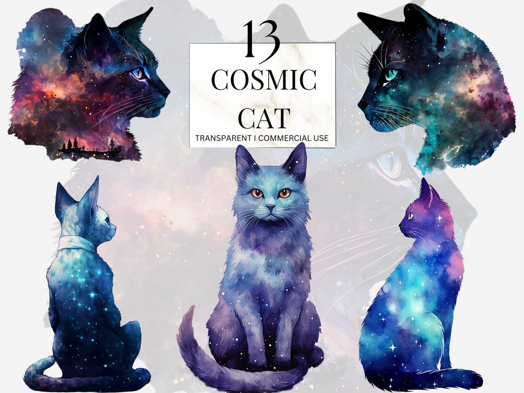 Watercolor Cosmic Cat Clipart Printable Fantasy Celestial Witch Kitten ...