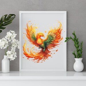 Watercolor Phoenix Clipart, Printable Gold Red Blue Floral Fire Bird ...