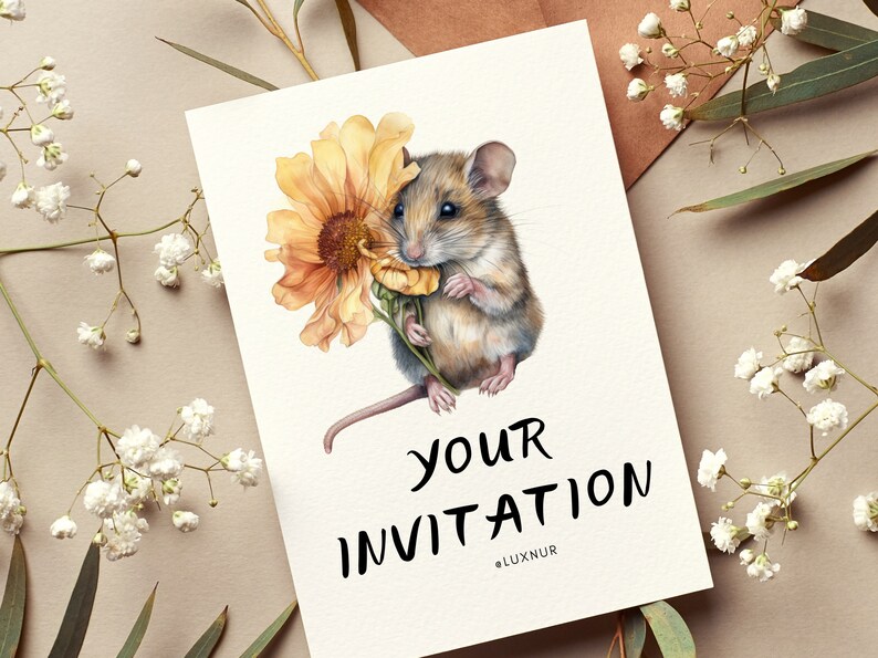 Watercolor Mouse With Flower Clipart Printable Floral Mice - Etsy