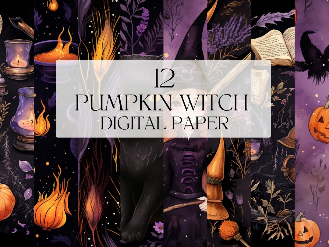 Watercolor Pumpkin Witch Digital Paper, Printable Magical Halloween ...