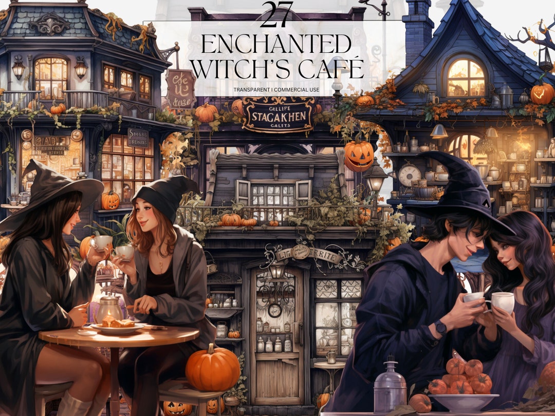 Watercolor Enchanted Witches Café Clipart, Printable Witchcraft Coffee Shop Png, Witch Wedding ...