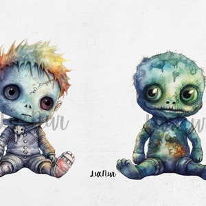 Watercolor Creepy Cute Zombie Toy Clipart, Printable Kid Kawaii Cute ...