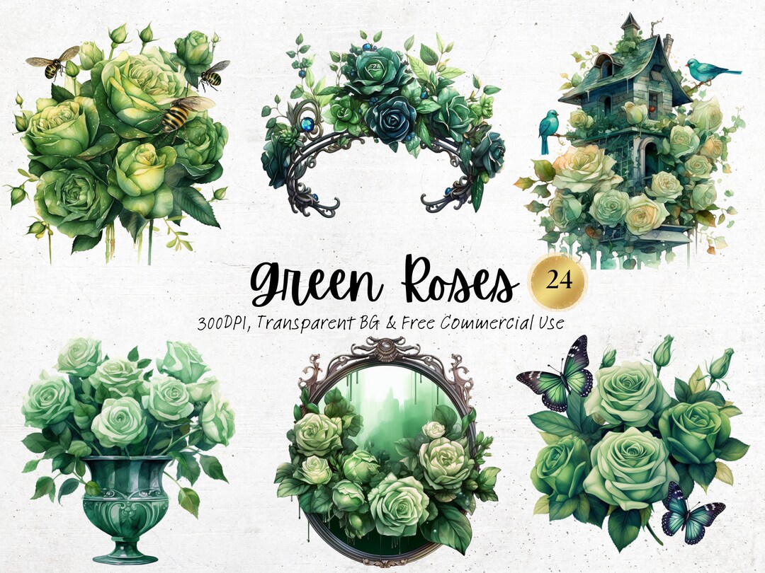Watercolor Green Roses Clipart, Printable Boho Floral Spring Flowers ...
