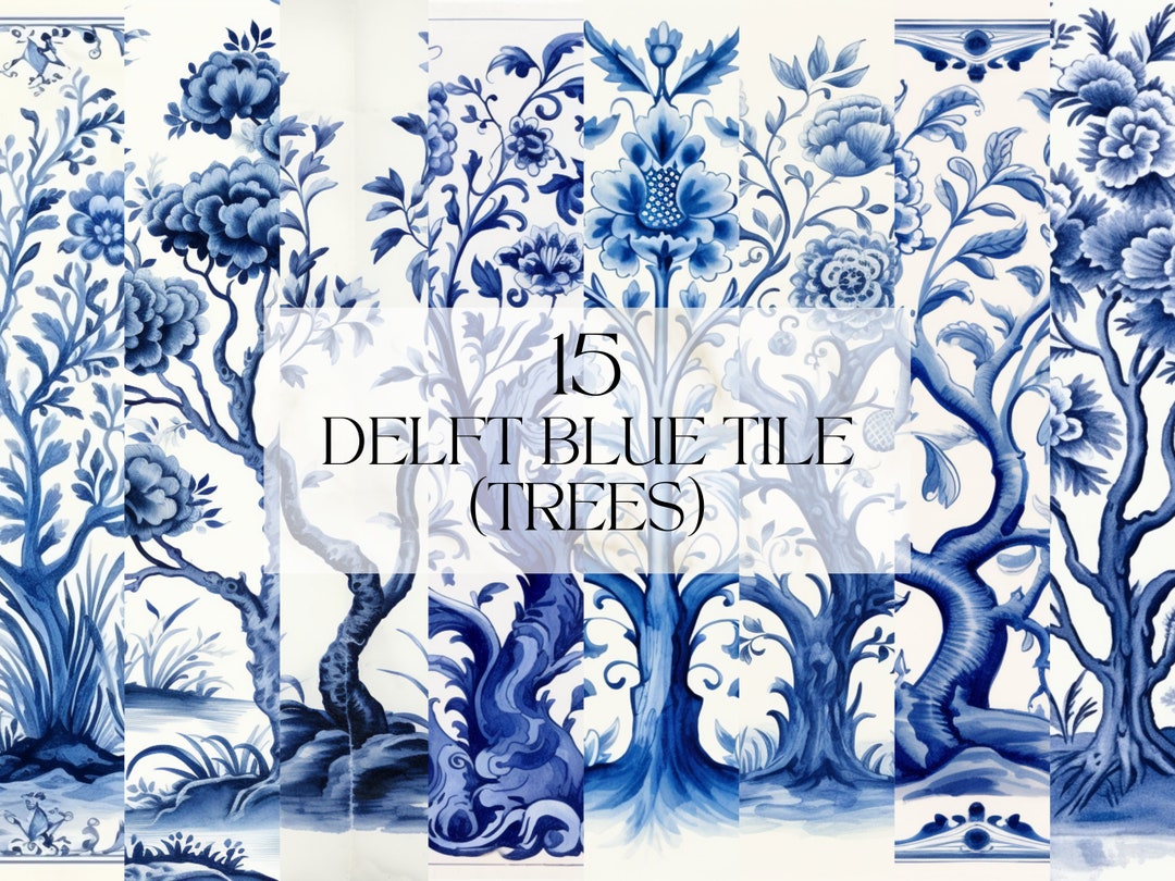 Watercolor Delft Blue Tile Trees Digital Paper, Printable Nature ...